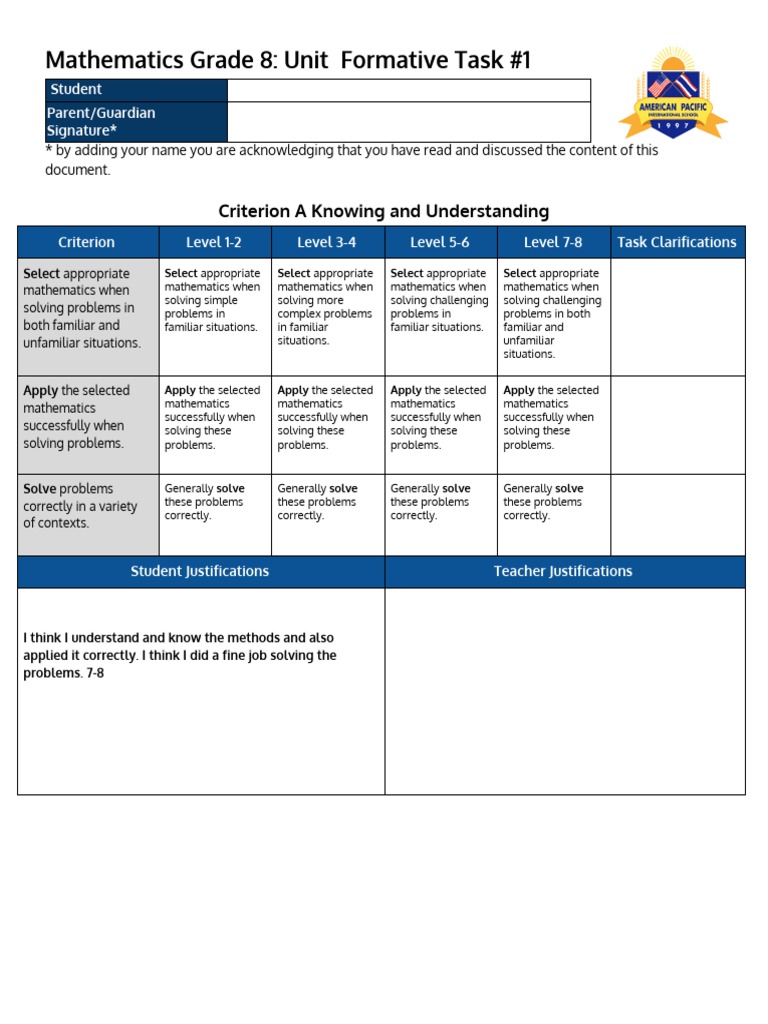 Mathematics Grade 8: Unit Formative Task #1: Criterion A Knowing and ...