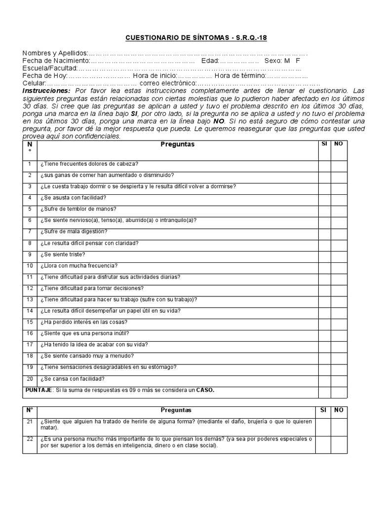 Cuestionario de Síntomas SRQ 18 2020 | PDF | Sicología