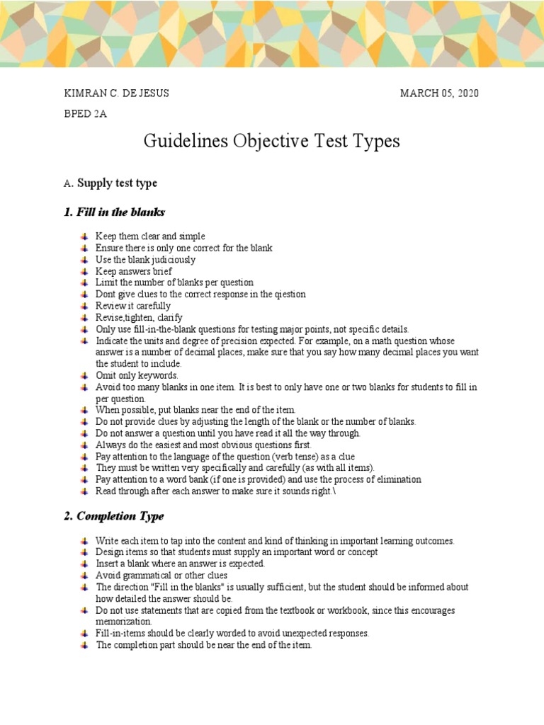 Guidelines Objective Test Types | PDF | Question | Multiple Choice