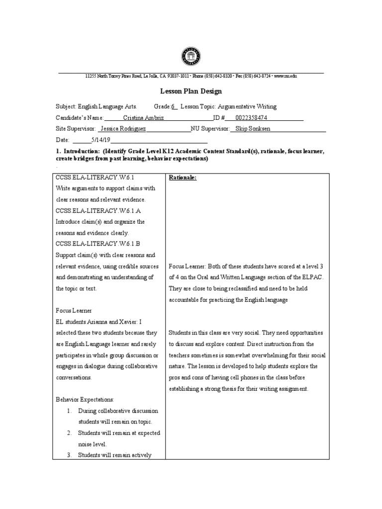 Argumentative Writing Lesson Plan | PDF | Educational Assessment ...