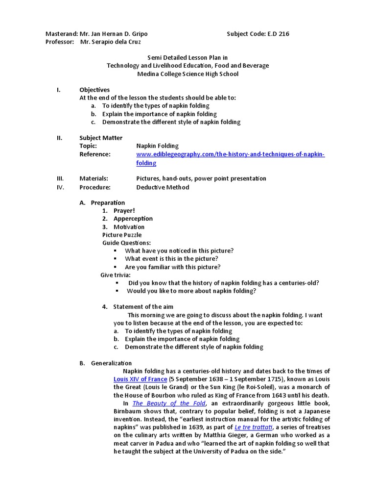 Semi-Detailed Lesson Plan: Napkin Folding | PDF