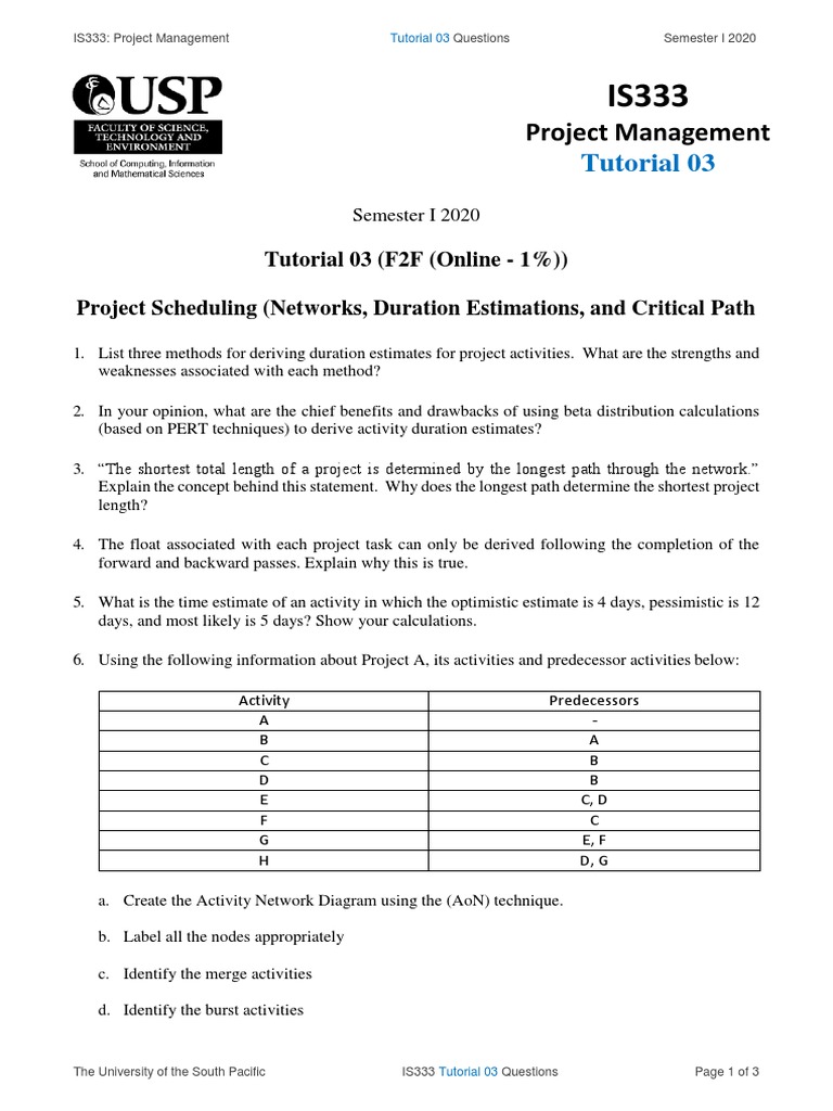 Tutorial 03 (F2F - Online) - Project Scheduling (Networks, Duration Estimation, and Critical ...