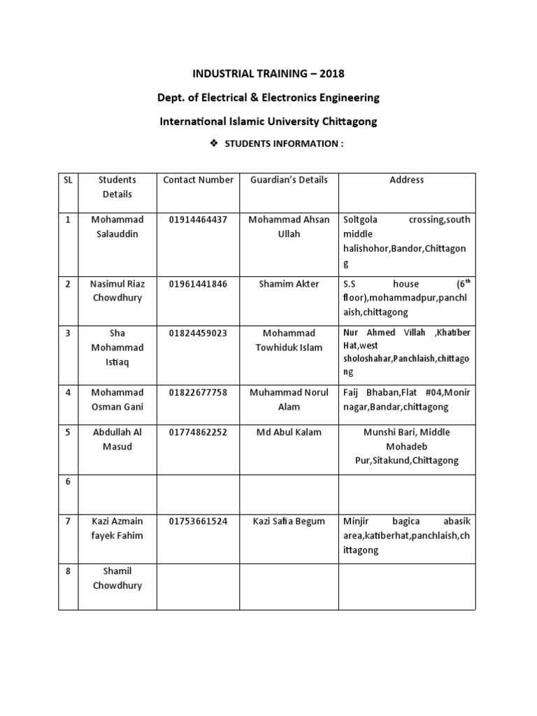 2018 Industrial Training Student Info | PDF