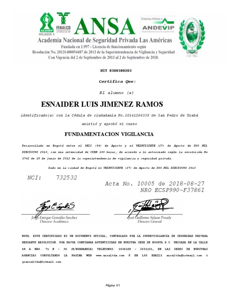 Certificado Curso Vigilancia ANSA 2018 | PDF