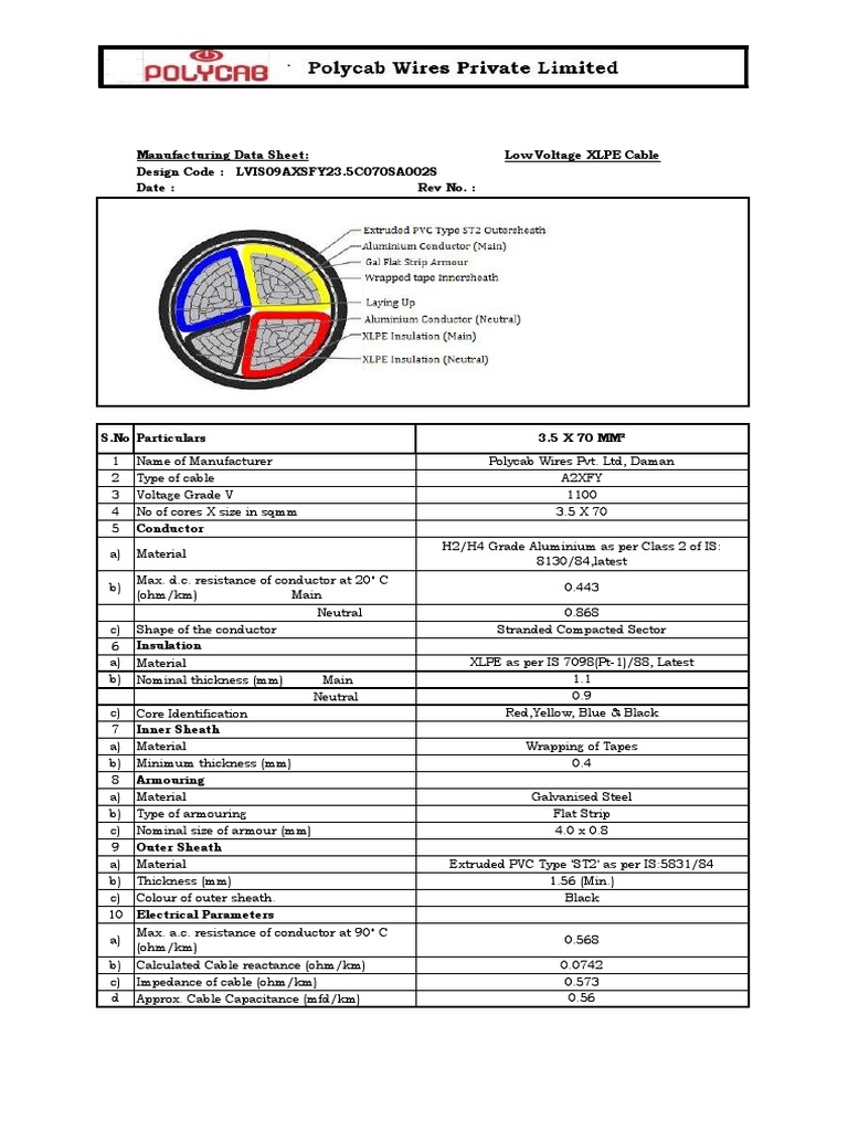 Polycab 10mm Core Copper Armoured Cable Specification Sheet, 47% OFF