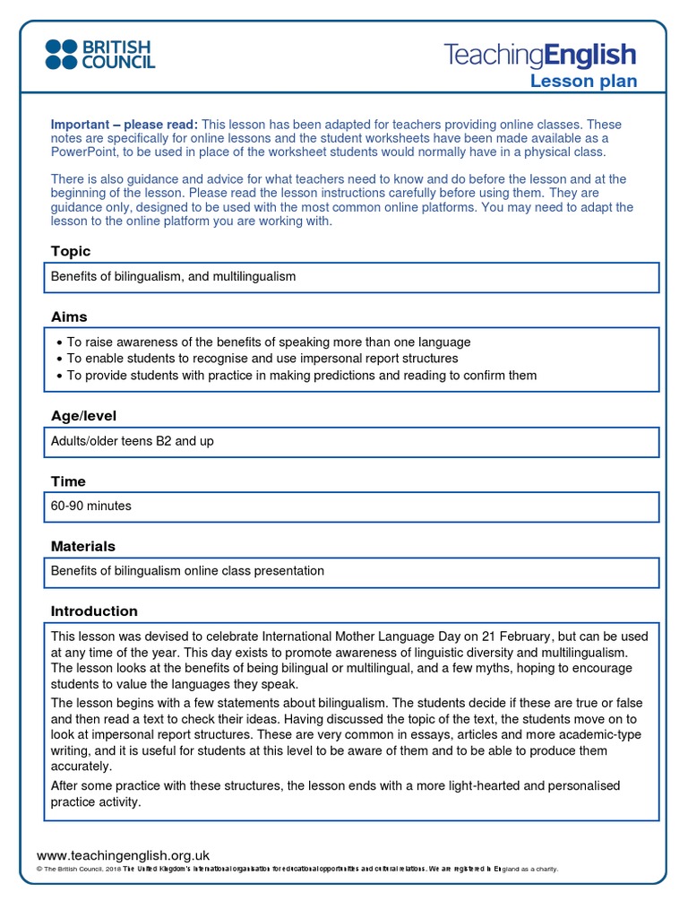 Benefits of Being Bilingual Online Lesson Plan PDF | PDF ...