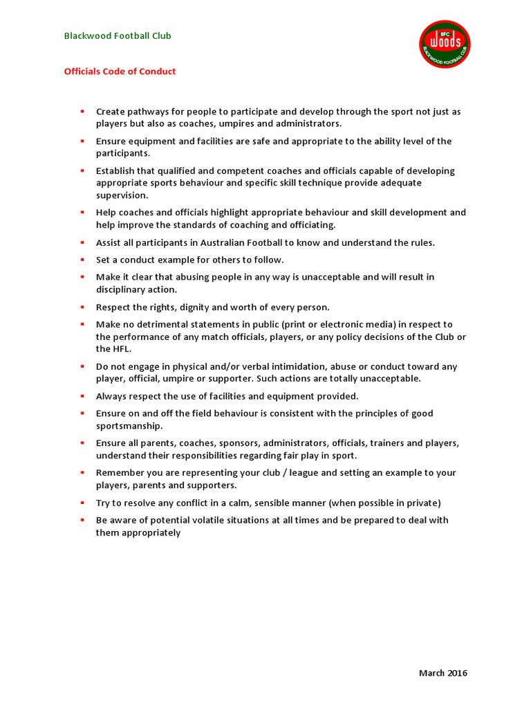 Officials Code of Conduct 2017 PDF | PDF