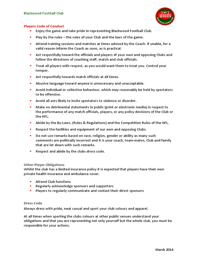 Players Code of Conduct 2017 PDF | PDF