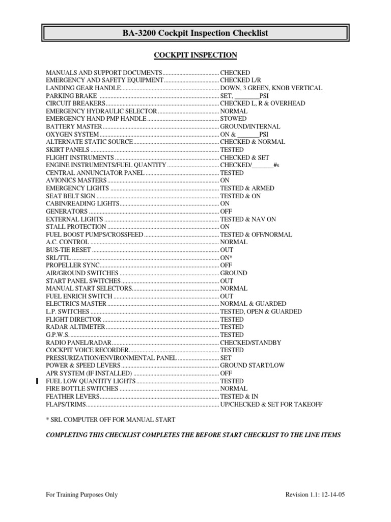 A Comprehensive Cockpit Inspection Checklist for a BA-3200 Aircraft ...