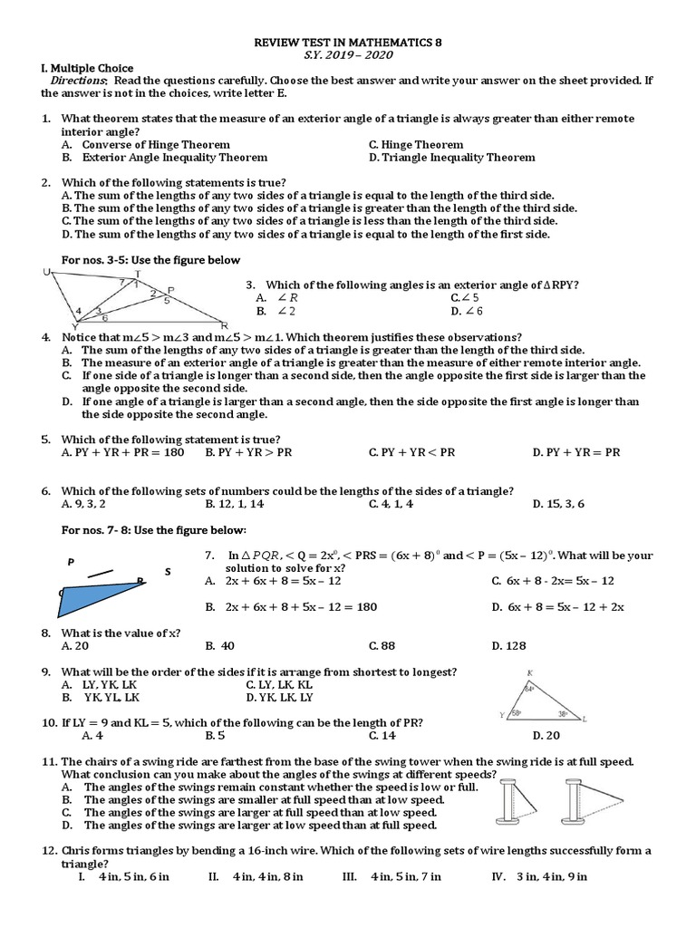 Grade 8 Math 4th Quarter Review Test | PDF | Triangle | Geometry