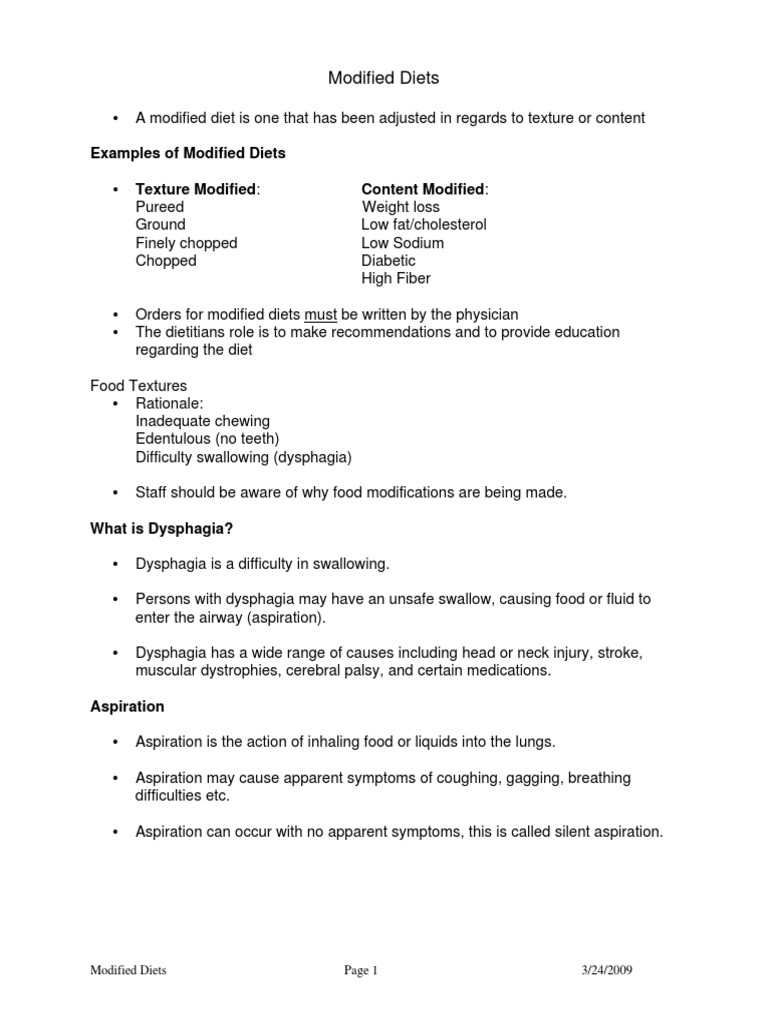 Examples of Modified Diets Content Modified | PDF | Diseases And ...