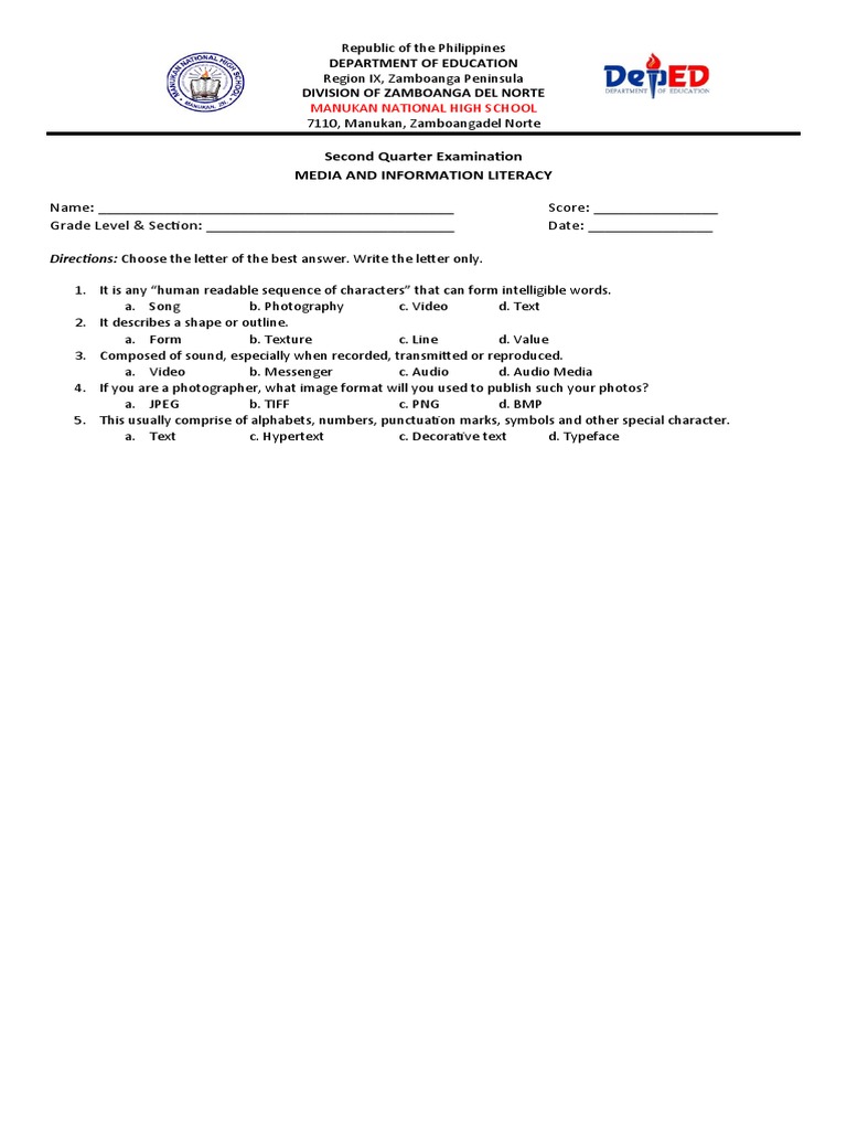 Name: - Score: - Grade Level & Section: - Date | PDF