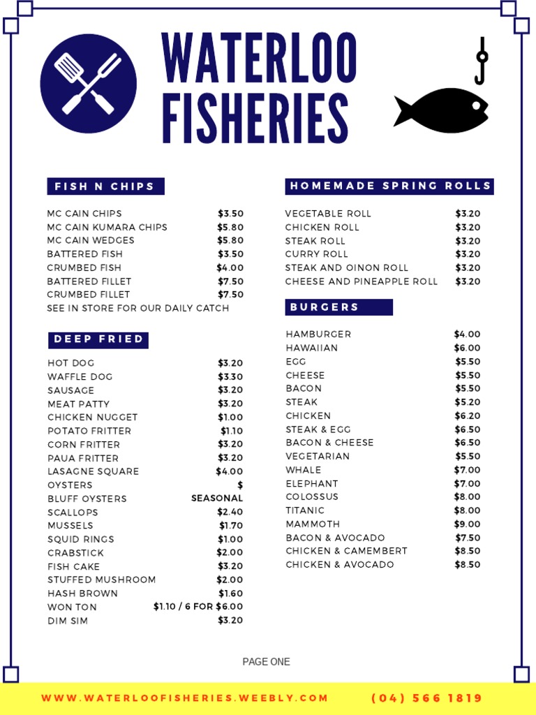 Waterloo Fisheries Menu Overview | PDF | French Fries | Hamburgers