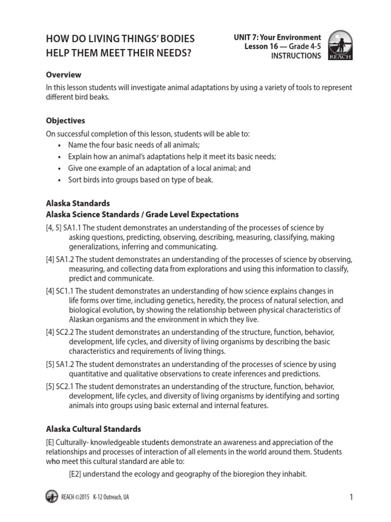 How Do Living Things' Bodies Help Them Meet Their Needs?: REACH ©2015 K ...