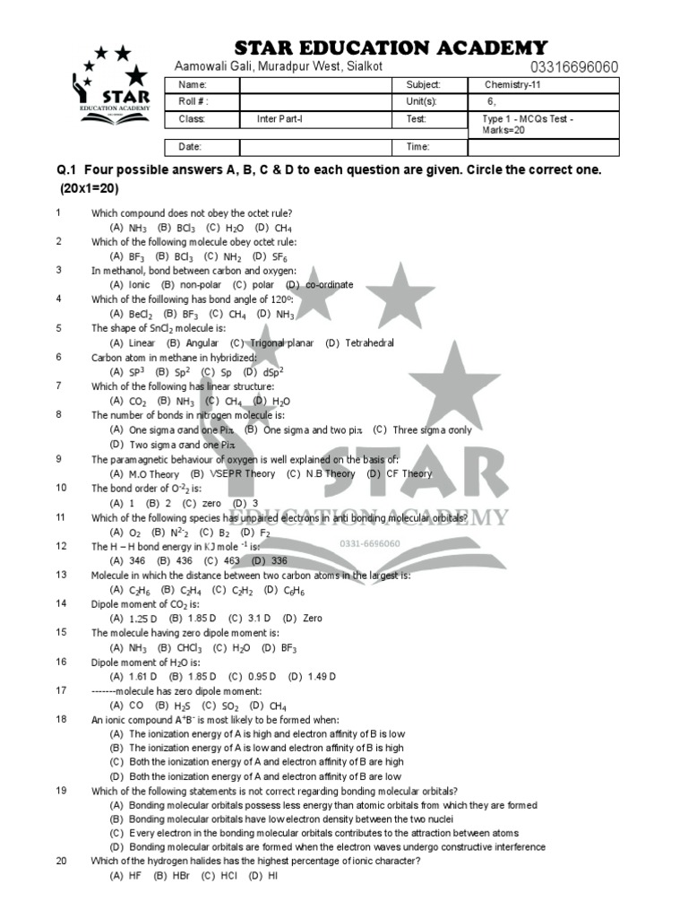 Chemistry ch#6 MCQ Ist Year | PDF | Molecular Orbital | Chemical Bond