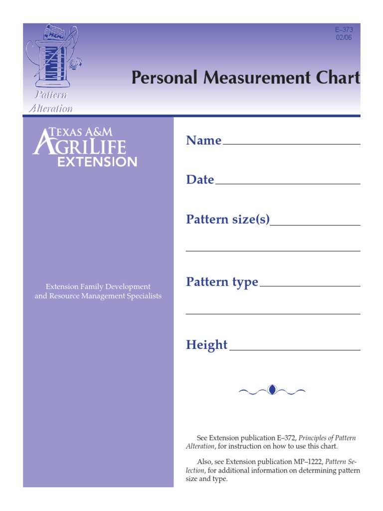 Personal Measurement Chart: Name Date Pattern Size(s) | PDF | Waist ...