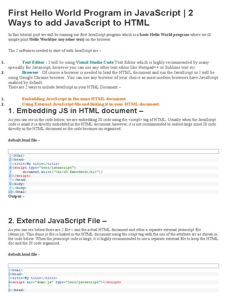First Hello World Program in JavaScript | PDF | Java Script | Html