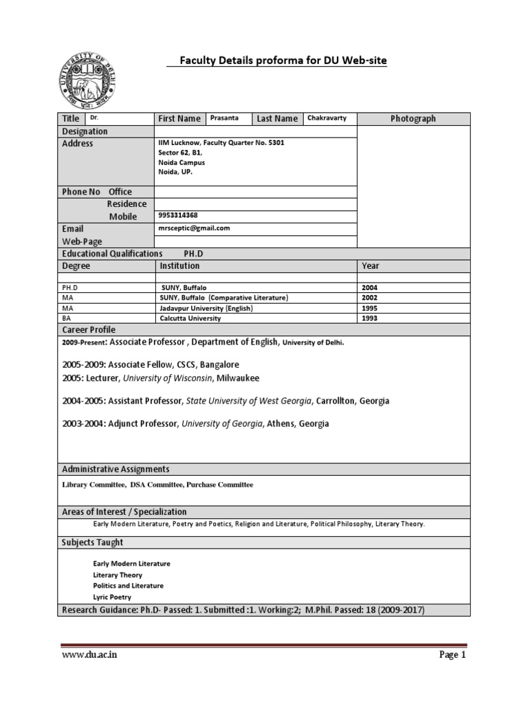 Faculty Details Proforma For DU Web-Site: PH.D MA MA BA | PDF | Doctor Of Philosophy | Academia