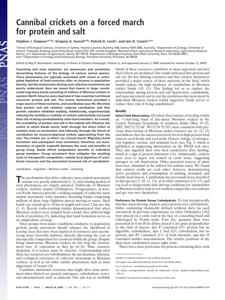 Cannibal Crickets On A Forced March For Protein and Salt | PDF ...