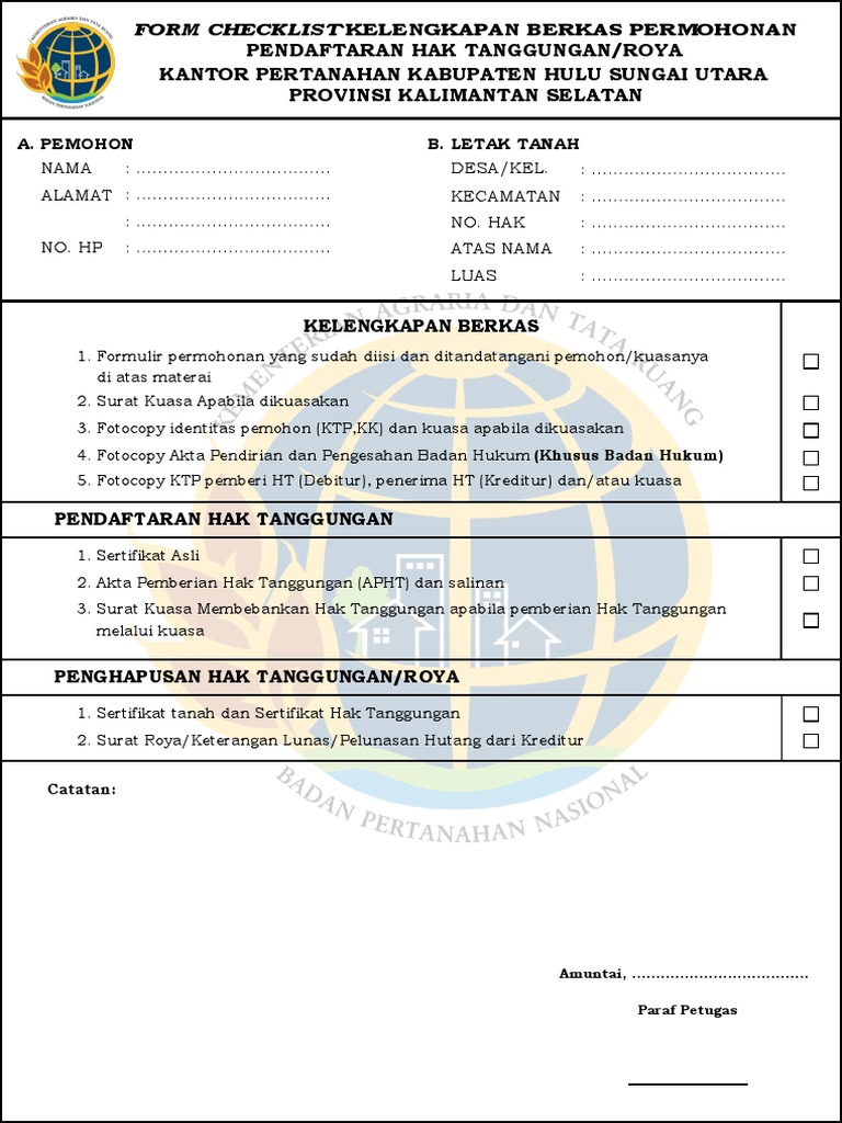 Form Checklist Hak Tanggungan Dan Roya PDF | PDF