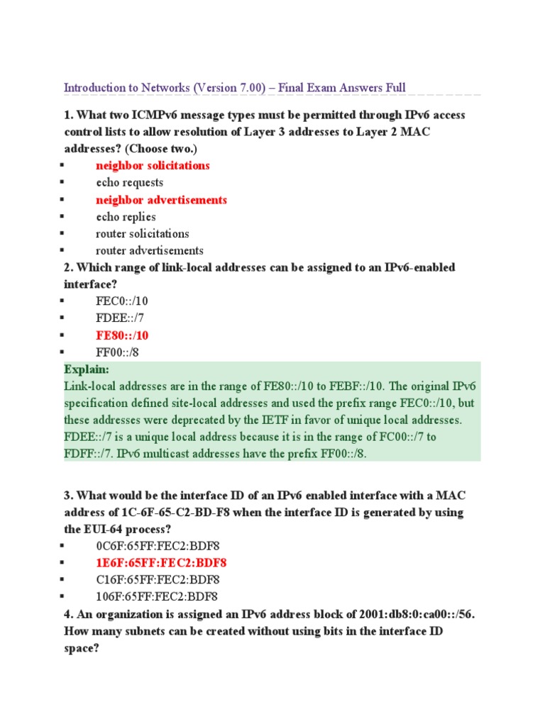 CCNA1 - 3 V7 Final Exam | PDF | Port (Computer Networking) | I Pv6