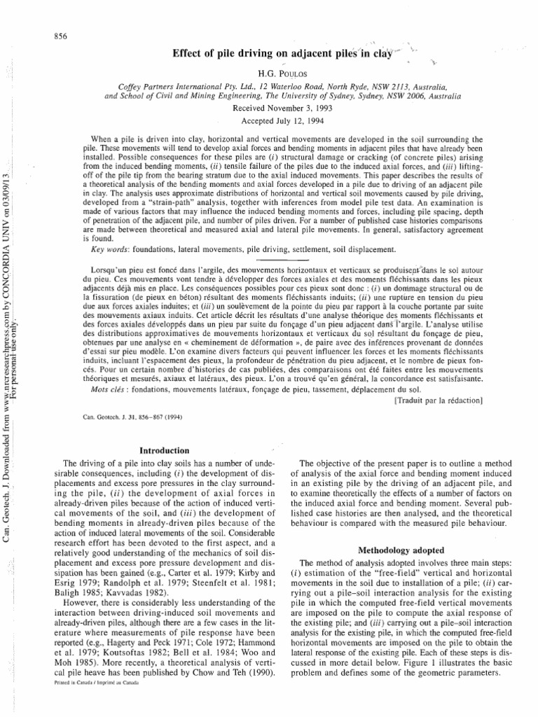 Effect of Pile Driving On Adjacent Piles in Clay: Pou Os | PDF | Deep ...