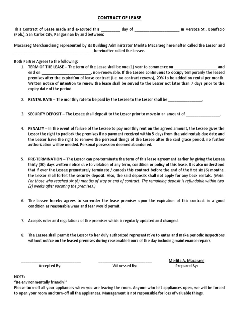 Example of Contract of Lease | PDF | Lease | Social Institutions