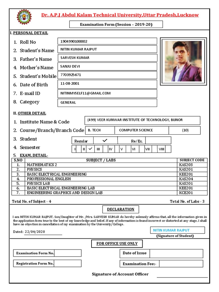 Nitin Kumar Rajput - Regular and Carry Over Exam Form For B.tech PDF | PDF