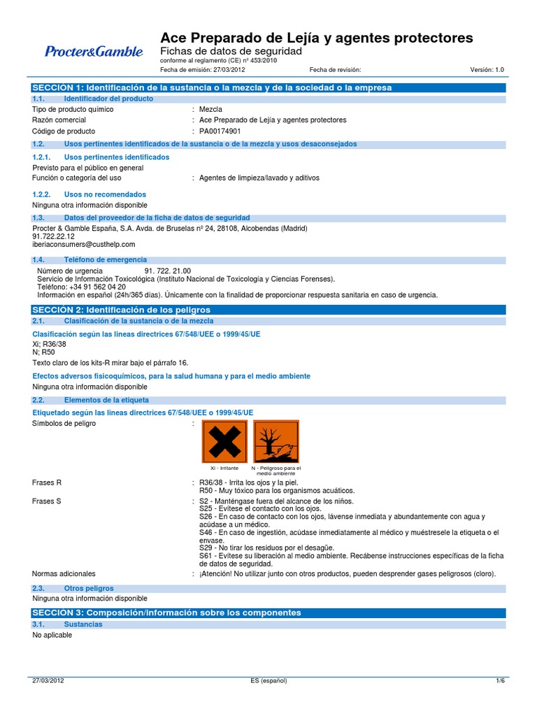 Ficha Tecnica Lejia Ace | PDF | Cloro | Toxicidad