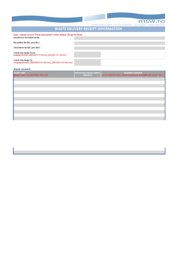 Waste Delivery Receipt Information: Note: Please Consult "Fields ...