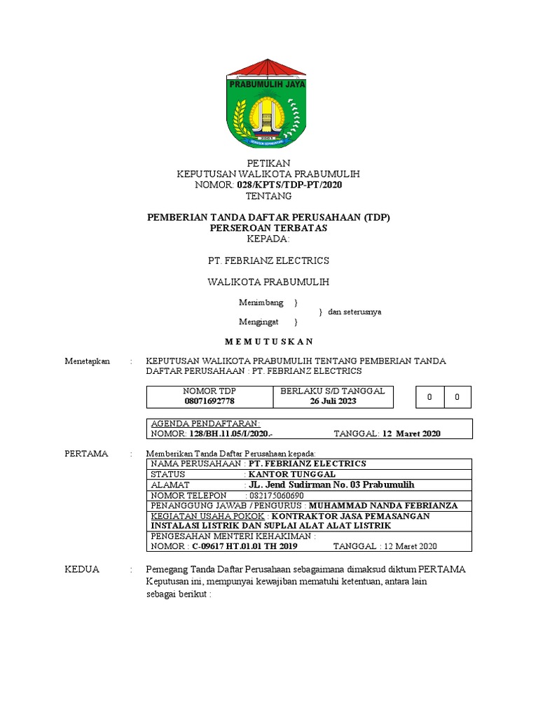 003 Tanda Daftar Perusahaan (TDP) | PDF