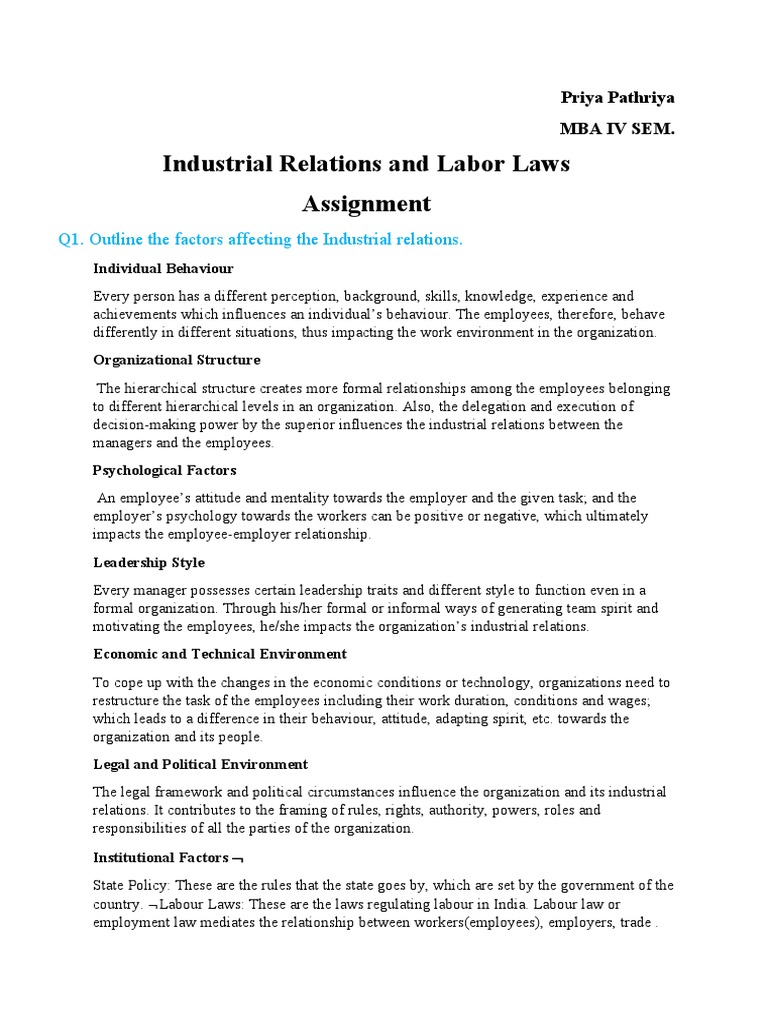 Industrial Relations and Labor Laws Assignment: Q1. Outline The Factors Affecting The Industrial ...