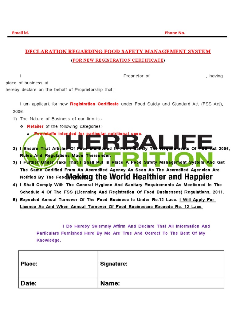 FSSAI Food Safety Declaration Form | PDF