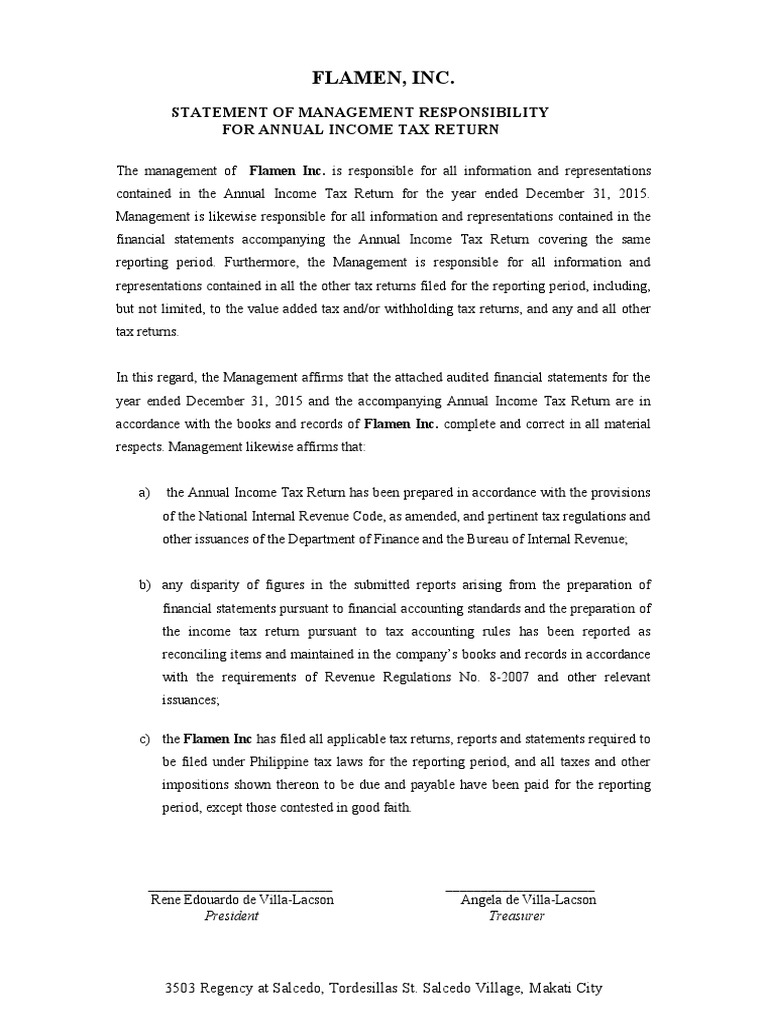Flamen, Inc.: Statement of Management Responsibility For Annual Income ...