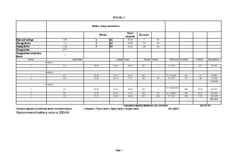 Typical Battery Sizing Calculations | PDF | Electricity | Electrical Engineering