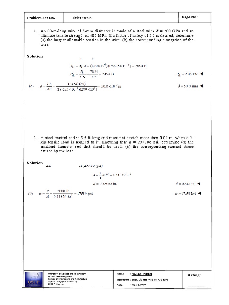 Solution: Problem Set No. Title: Strain Page No. | PDF | Ultimate Tensile Strength | Strength Of ...