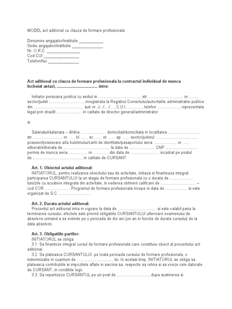 MODEL Act Aditional Cu Clauza de Formare Profesionala | PDF