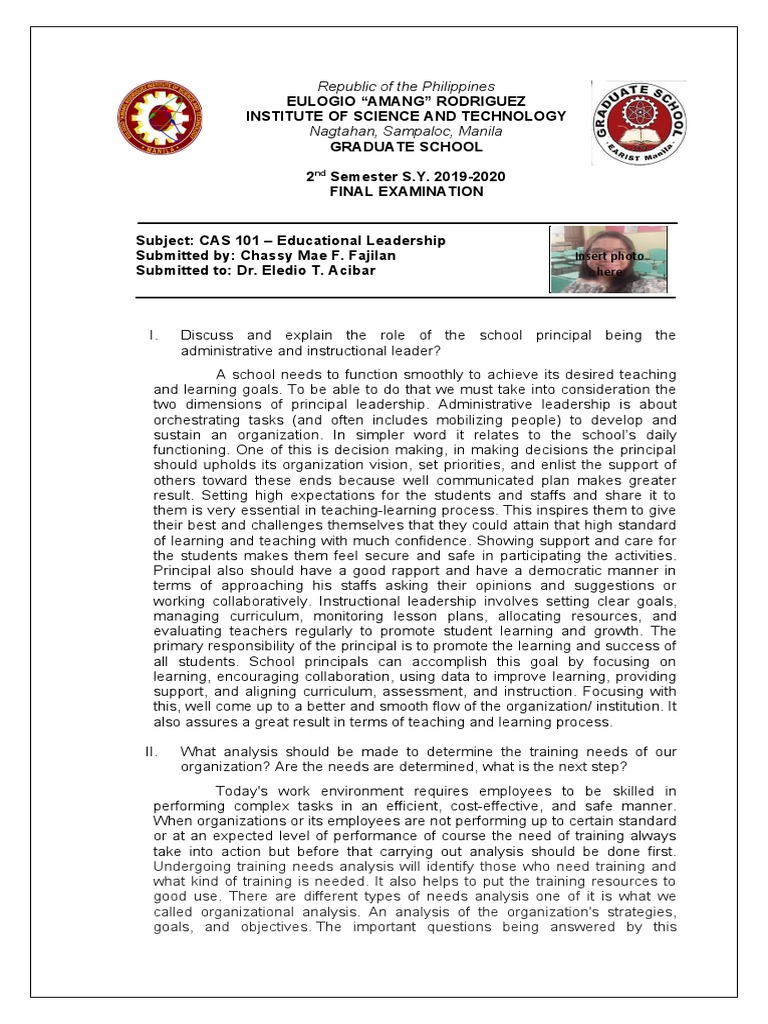 Eulogio "Amang" Rodriguez Institute of Science and Technology Graduate School 2 Semester S.Y ...