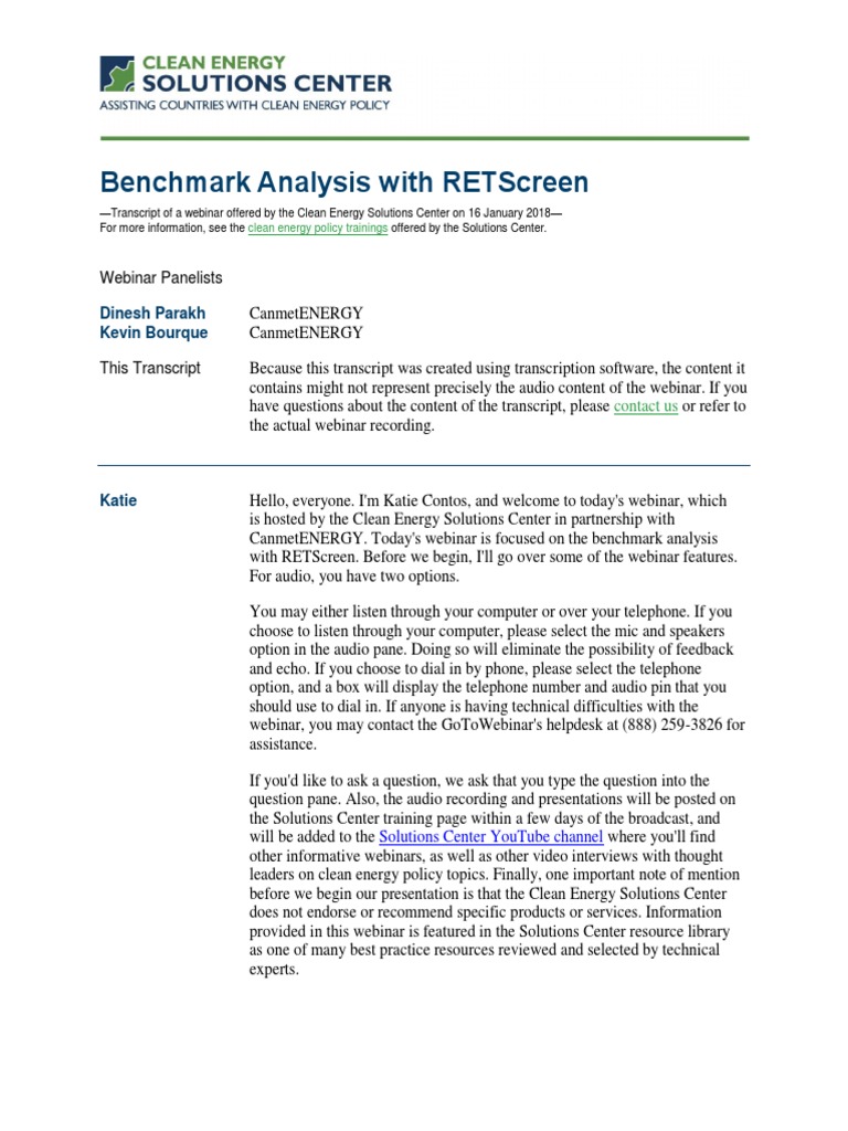 Benchmark Analysis With Retscreen: Webinar Panelists | PDF | Efficient Energy Use | Nature
