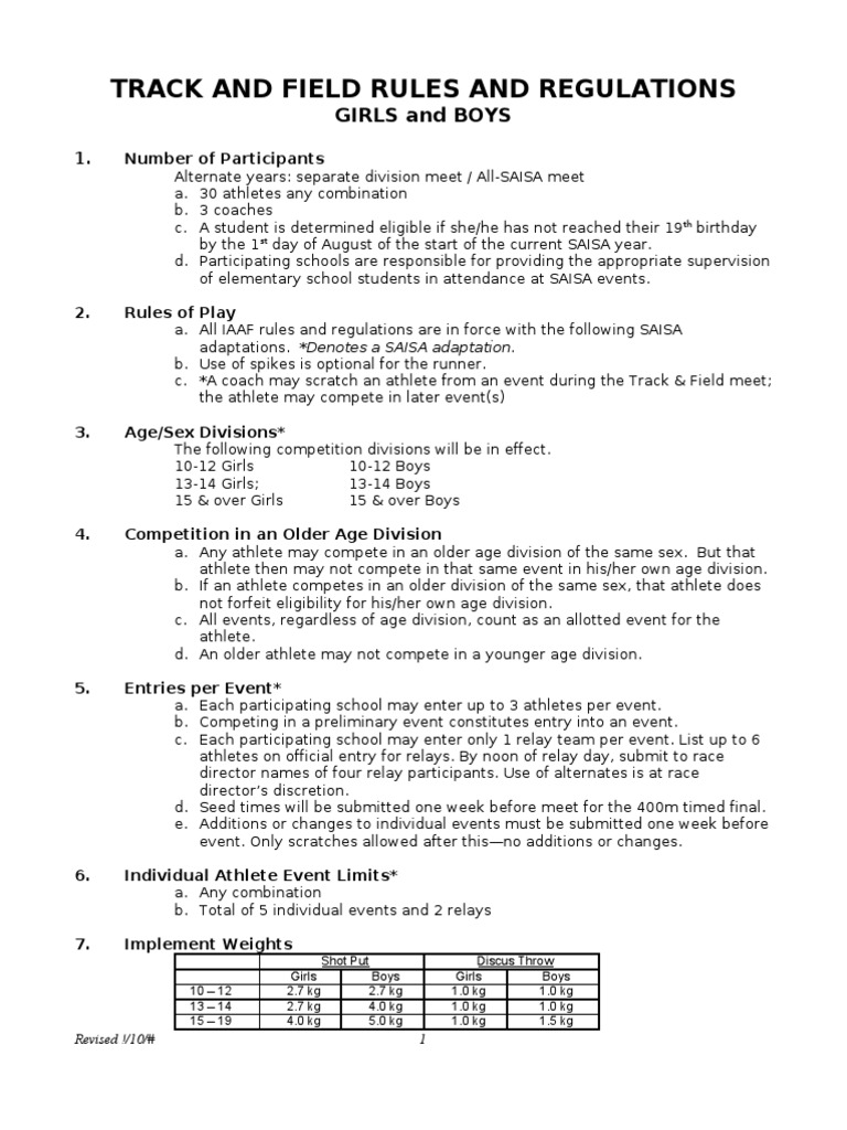 SAISA Track and Field Regulations | PDF | Track And Field | Leisure