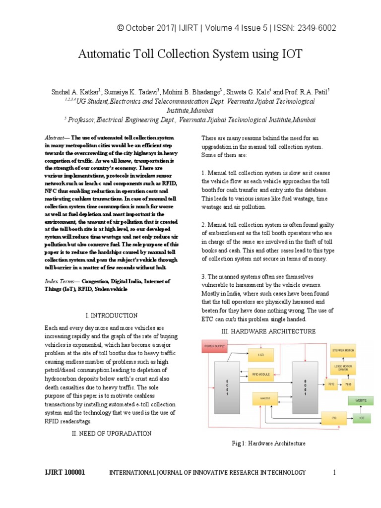 Automatic Toll Collection System Using IOT: © October 2017 - IJIRT ...