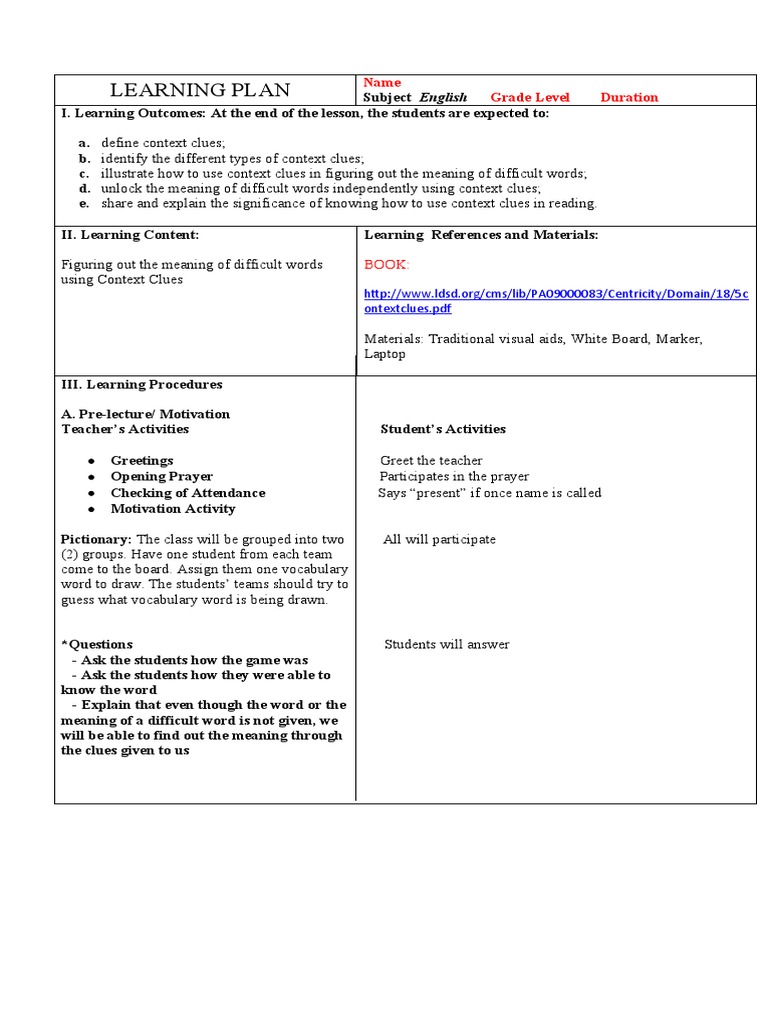 Learning Plan: Name Grade Level Duration | PDF | Reading Comprehension ...