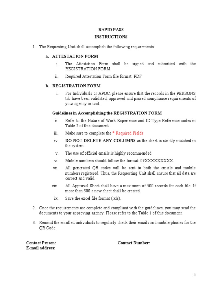 Rapid Pass Instructions: Required Fields | PDF