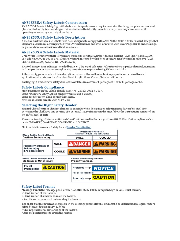 ANSI Z535.4 Safety Labels Construction: Header Classification ...
