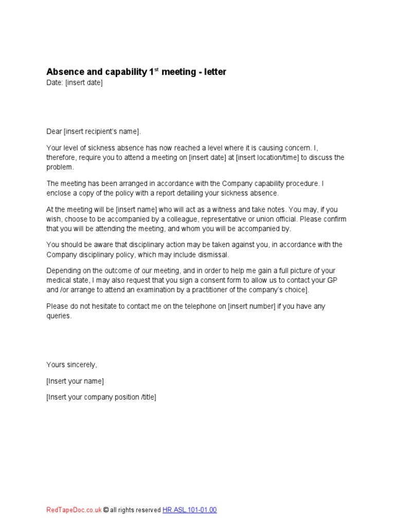 Absence and Capability 1st Meeting Letter HR - ASL.101-01.00 | PDF ...