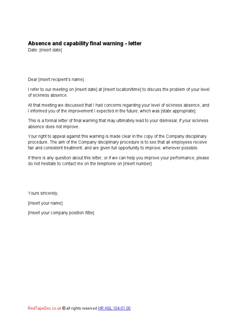 Absence and Capability Final Warning Letter HR - ASL.104-01.00 | PDF ...