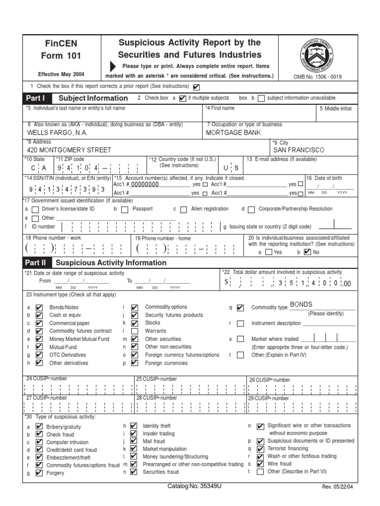 Fincen Form 101 Suspicious Activity Report by The Securities and ...