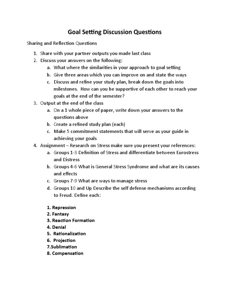 Goal Setting Discussion Questions | PDF | Self-Improvement