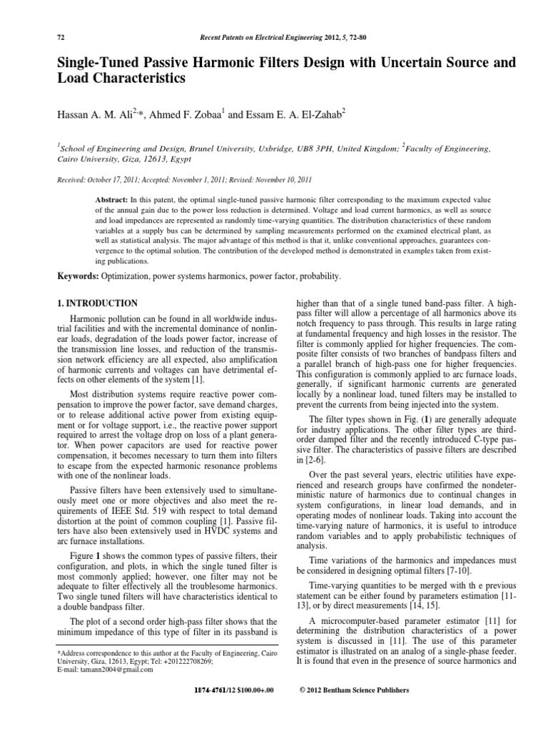 Single-Tuned Passive Harmonic Filters Design With Uncertain Source and ...