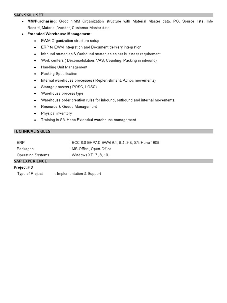 Sample Resume For SAP EWM | PDF | Warehouse | Enterprise Resource Planning